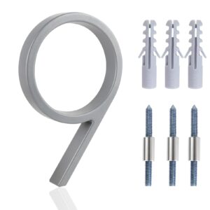 5 inch house numbers for outside, metal modern floating house numbers, garden door mailbox decor number with nail kit, visibility signage,silver grey(9)