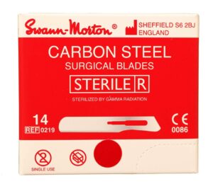 swann morton no.14 sterile carbon steel scalpel blades - box of 100 - brand new stock dated 2023 - made in england (uk) - finest precision blades - durable quality for experts & professionals