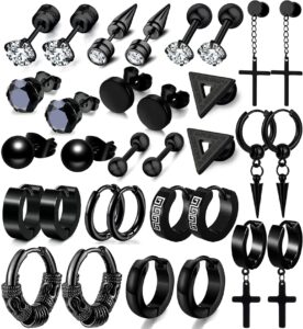 16 pairs men earrings set - black stainless steel cross dangle hoop & ear stud fashion piercing jewelry for birthdays, parties & more