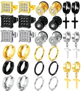 15 pairs earrings set for men and women, black silver 14k gold plated earrings stud kit 5 pairs of each fashion ear piercing jewelry cross dangle hoop earrings set