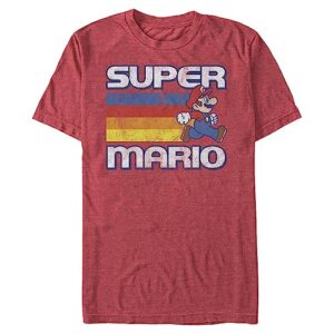 nintendo mens super mario running retro stripe t-shirt, red heather, large us