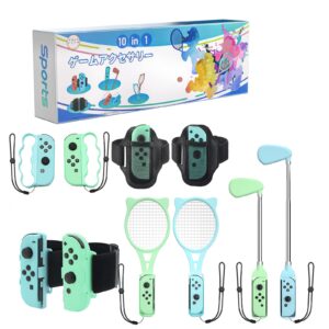 nintendo switch sports accessories, nintendo switch sports leg strap, switch wrist straps, switch boxing grips, switch tennis racket and switch golf club - blue and green