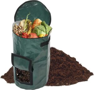 34 gallon garden compost bin bag, reusable organic fertilizer fermented bag with lid,collapsible leaf lawn bags gardening container (green)