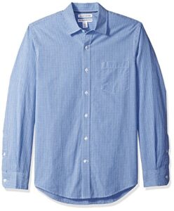 amazon essentials men's slim-fit long-sleeve poplin shirt, blue gingham, large