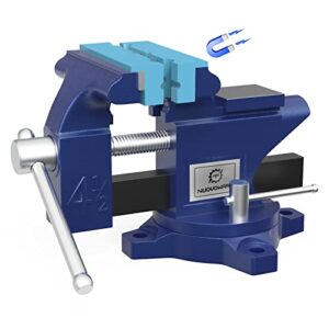 nuovoware heavy duty bench vise 4.5 inch, 240° swivel locking base bench clamp with 125mm vise jaw, clamp-on home merchanic vice desktop clamp for woodworking, drilling, cutting conduit -blue + blue