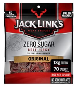 jack link's beef jerky, zero sugar, paleo friendly snack with no artificial sweeteners, 13g of protein and 70 calories per serving, no sugar everyday snack, 2.3 oz