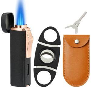 420 carbon steel 𝐂𝐮𝐭𝐭𝐞𝐫 and lighter set, built-in 𝐏𝐮𝐧𝐜𝐡, triple jet flame butane torch lighter, refillable windproof gas lighter. black. (sold without gas)