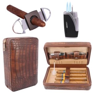 amancy premium brown leather travel cigar case,luxury portable cigar humidor w/quality cigar cutter lighter set