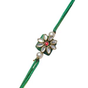 desi favors green kundan rakhi for raksha bandhan - rakhi for your brother gift - traditional beautiful handmade thread rakhi for beloved rakshabandhan - 14 inch