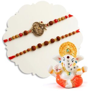 tied ribbons rakhi for brother with gift set | bhai rakhi set for brother | ganesha statue | mini card | roli tika - raksha bandhan rakhi bracelet for brother rakhi thread | rakhi set for 2