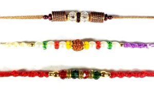 set of 3 rakhi - rakhi for bhaiya, bhabhi, indian rakhi for brother, rakshabandhan festival, rakhi bracelets/rakhi threads with kumkum, rice and gift envelope