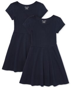 the children's place girls short sleeve basic skater dress, tidal 2 pack, medium us