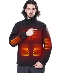 dewbu soft shell heated jacket for men with 12v battery pack and detachable hood outdoor electric heating coat, black, m