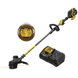 dewalt flexvolt 60v max* string trimmer, two speed, 15-inch, 3-ah battery & extra trimmer line, 225-foot by 0.080-inch (dcst970x1 & dwo1dt802) yellow