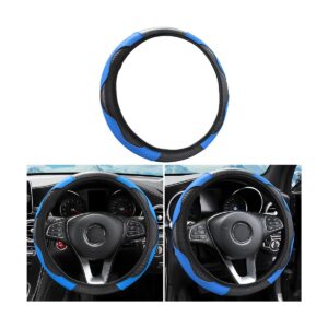 car steering wheel cover, universal microfiber pu leather elastic 15 inch stitching color anti-slip steering wheel protector, car interior protection accessories for men women (black/blue)