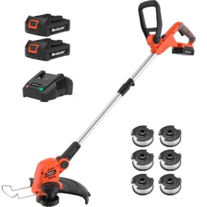 maxlander 12 inch 20v cordless string trimmer, 2 pcs 2.0ah battery weed wacker/edger, 1 quick charger,6 pcs replacement spool trimmer lines, length adjustable, powerful lightweight grass trimmer