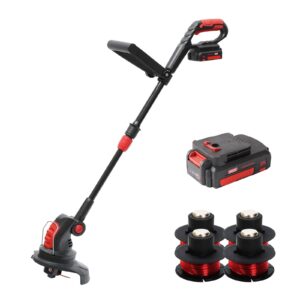 mzk string trimmer, 20v cordless electric 12'' grass trimmer with replacement spools (4 pack), battery powered lightweight weed grass trimmer/edger, 8000 rpm 12-in 5.1lb battery and charger included