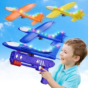 ceekan 3-pack led airplane toy, foam glider with plane launcher - catapult plane with 2 flight modes, kids gifts flying toy for 3 4 5 6 7 8 9 10 11 12 year old boys girls