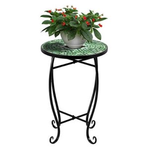 graffy outdoor mosaic side table, 14 inch patio end table, round printed glass table with steel frame for garden/yard/lawn/balcony and home decor small end table (green)