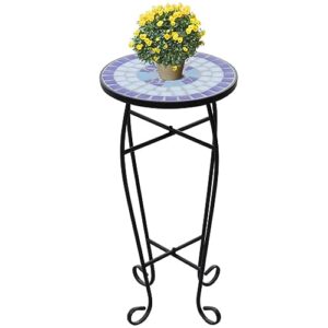 yaff mosaic side table plant table, round end table for patio porch indoor outdoor accent table, small coffee table for garden porch living room balcony deck porch pool blue white