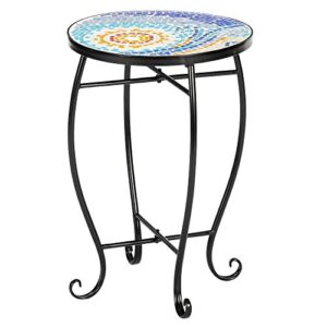 14" round outdoor side table, mosaic patio table with cobalt glass top metal frame, plant stand decor for patio garden balcony poolside (type-3)