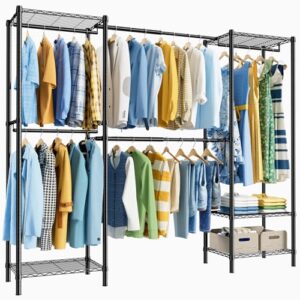 hemten k1 heavy duty clothes rack closet, 5 tiers adjustable metal freestanding expandable clothing storage with 5 hanger rods, easy to assemble wardrobe, 78" h x (69.7" - 90") l x 15.7" d, black