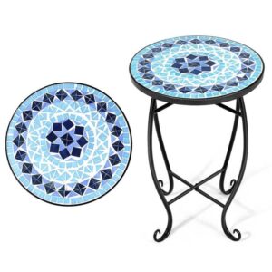 indoor/outdoor blue mosaic round side accent table plant stand