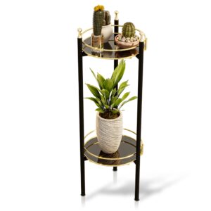 benoldy 2 tier plant stand table - black metal frame with 2 portable golden plate tray, plant holder stand, serving cart tray and wine rack, indoor/outdoor plant shelf, plant pot stand