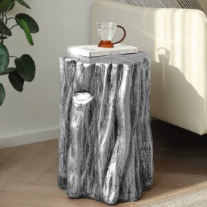 tree stump trunk side end table, faux wood patio table, garden stool, plant stand, for indoor outdoor courtyard living room, 14"x14"x20", silver