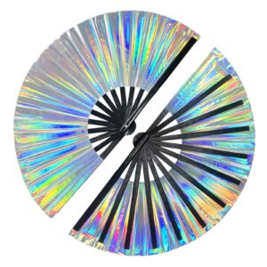 dmjuncong 1pcs large folding hand rave fan,clack handheld fan,holographic laser colors hand fan,for festivals,rainbow outfits,disco party,home decoration and cooling in various occasions.