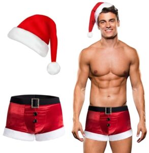 rslove men's christmas lingerie set sexy santa outfits 2pcs red boxers holiday briefs underwear with hat s