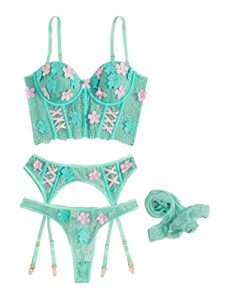 wdirara women's floral lace embroidered push up garter lingerie set with stockings green m