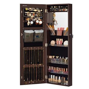 songmics jewelry cabinet armoire with mirror, wall or door mount storage organizer with full-length frameless mirror, lockable cabinet with built-in small mirror, shelves, gift idea, brown ujjc003k01