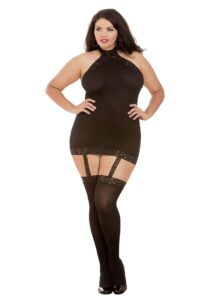 dreamgirl women's plus size sexy fashion lingerie, semi-sheer halter garter dress with thigh high stockings, black, one size