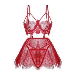 sporclo plus size lingerie for women lace sexy babydoll mesh high waisted nightdress strappy exotic sleepwear red