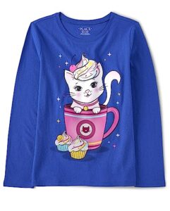 the children's place girls assorted everyday long sleeve graphic t-shirts cool cobalt cat medium