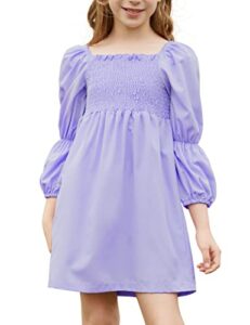 girl dresses square neck long puff sleeve a-line casual elegant dress for girls purple 7-8 years