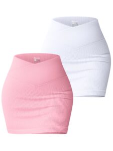 oqq women's 2 piece basic casual versatile stretchy high waist cross over ribbed mini skirt, white,candypink, small