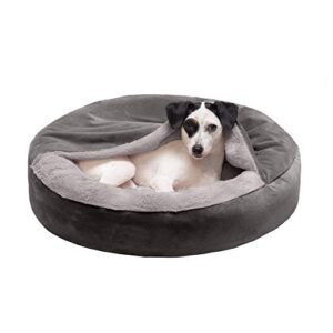 furhaven 24" round calming donut dog bed for indoor cats & small dogs, washable, for dogs up to 20 lbs - plush velvet waves hooded donut bed - dark gray, small