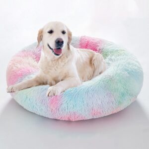 cat beds for indoor cats - cat bed washable 24 inches, dog beds for small medium dogs, anti anxiety round fluffy plush faux fur cat bed, thick bottom (rainbow, large)