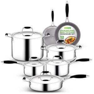 nutrichef 12-piece stainless steel kitchenware - pots & pans set clad kitchen cookware w/ silicone grip handles, fry pan interior coated w/ prestige ceramic non-stick coating, stylish kitchen cookware