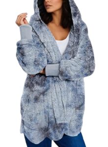 dokotoo womens fashion plus size ladies chunky fuzzy winter fall oversized open front long sleeve fleece pocket hooded cardigan sweater jacket coat outerwear tie dye blue xx-large