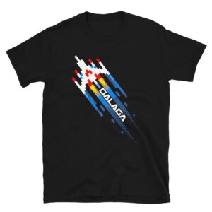 mod.17 arcade galaga 1981 space invaders video game juego retro vintage 80s gaming console aliens 8-bits gamer t-shirt black