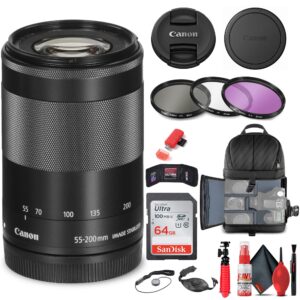 canon ef-m 55-200mm f/4.5-6.3 is stm lens (black) (9517b002) + filter kit + backpack + 64gb card + card reader + flex tripod + memory wallet + cap keeper + cleaning kit + hand strap + more (renewed)