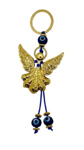 luckboostium 18k gold plated metal beautiful angel w/blue crystal & evil eye hanging ornament good luck charms home keys bags & rear view mirror accessories gift for men & women (gold angel 2)