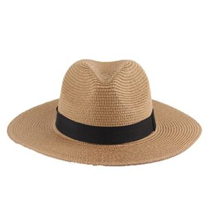 womens classic wide brim straw panama hat fedora summer beach sun hat upf straw hat for women khaki