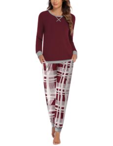 ekouaer women's long sleeve pj soft crew neck pajama long sleeve sweatshirt with long pants red plaid,medium