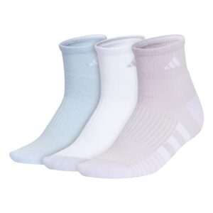 adidas women's cushioned quarter socks (3-pair) with arch compression, silver dawn grey/white/wonder blue, medium