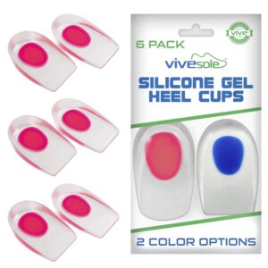 vivesole heel cups for heel pain relief (3 pairs) - gel cushion inserts for heel spur, achilles tendonitis, plantar fasciitis - insole pads for shoes women & men - silicone supports, shock absorbing