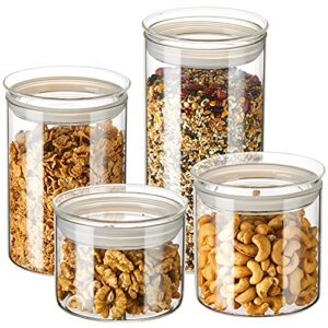 zens 4.7in wide mouth glass food storage containers, 4 pack glass jars with airtight lids for kithen pantry flour, clear glass canisters sets for pasta noodles, coffee beans -23.6oz/32oz/50oz/74oz